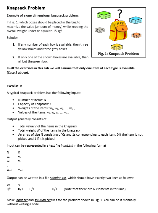 Solved Knapsack Problem Example of a one-dimensional | Chegg.com