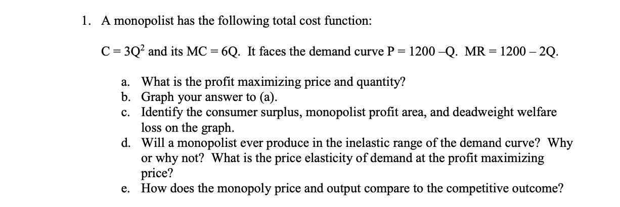 Solved 1. A monopolist has the following total cost | Chegg.com