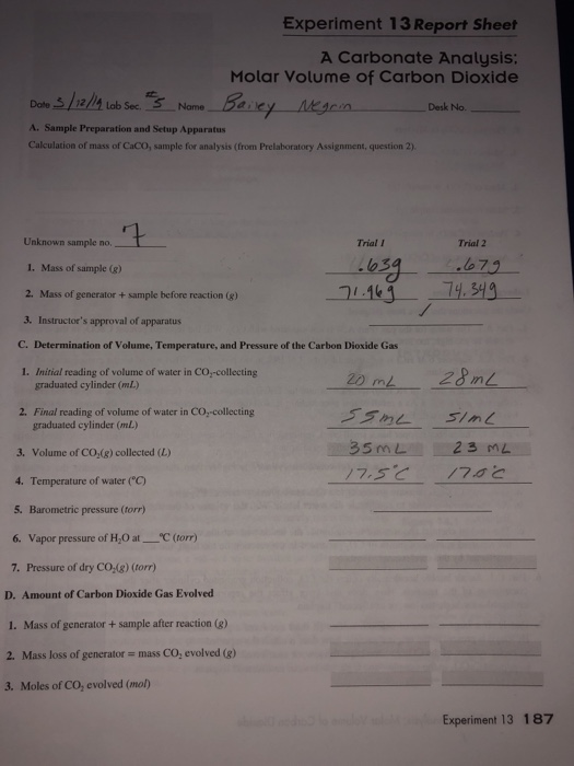 Solved Experiment 13 Report Sheet A Carbonate Analysis: | Chegg.com