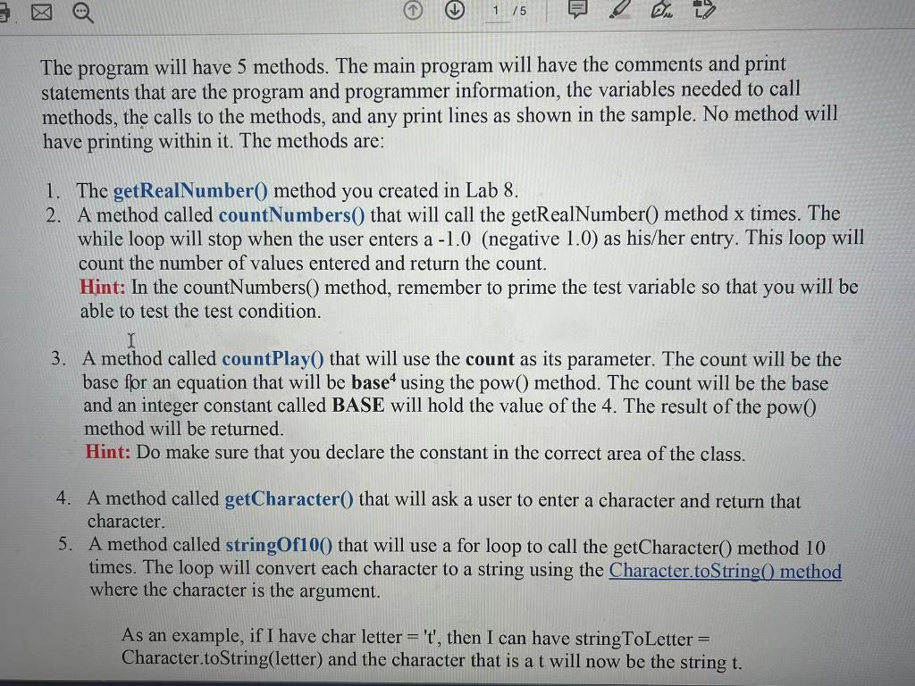 Solved 1/5 The program will have 5 methods. The main program | Chegg.com