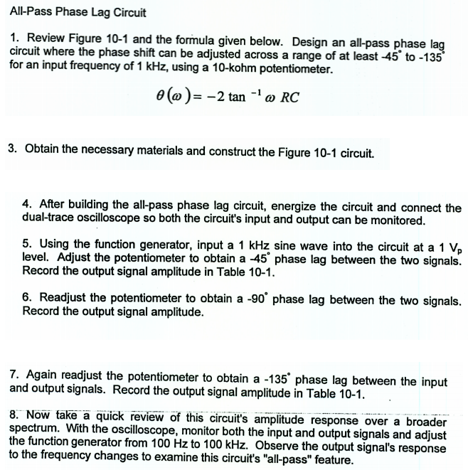 Solved All-Pass Phase Lag Circuit 1. Review Figure 10-1 and | Chegg.com