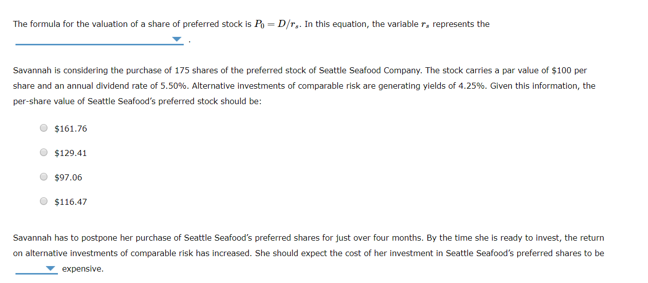 Solved The formula for the valuation of a share of preferred | Chegg.com
