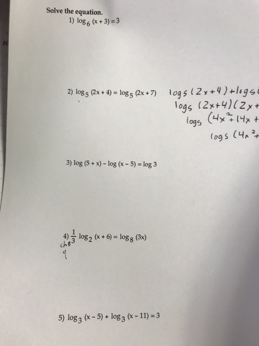 Solved Solve the equation. 1) log6 (x + 3)=3 loa512x+4)-lgs | Chegg.com