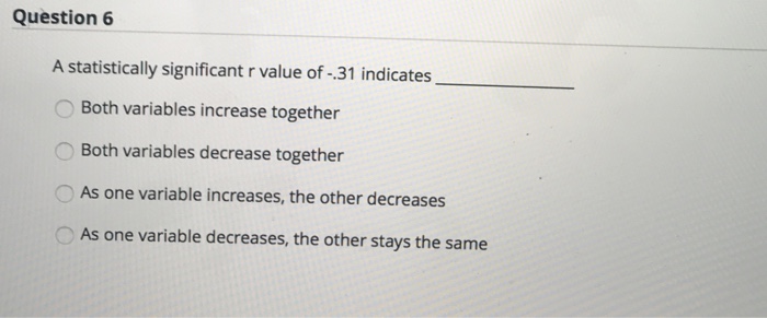 Solved Question6 A statistically significant r value of -31 | Chegg.com