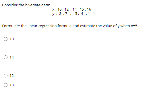 Solved Consider the bivariate data: X: 10, 12, 14, 15, 16 y | Chegg.com