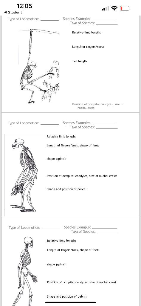 12:05 Student Type of Locomotion: Type of | Chegg.com