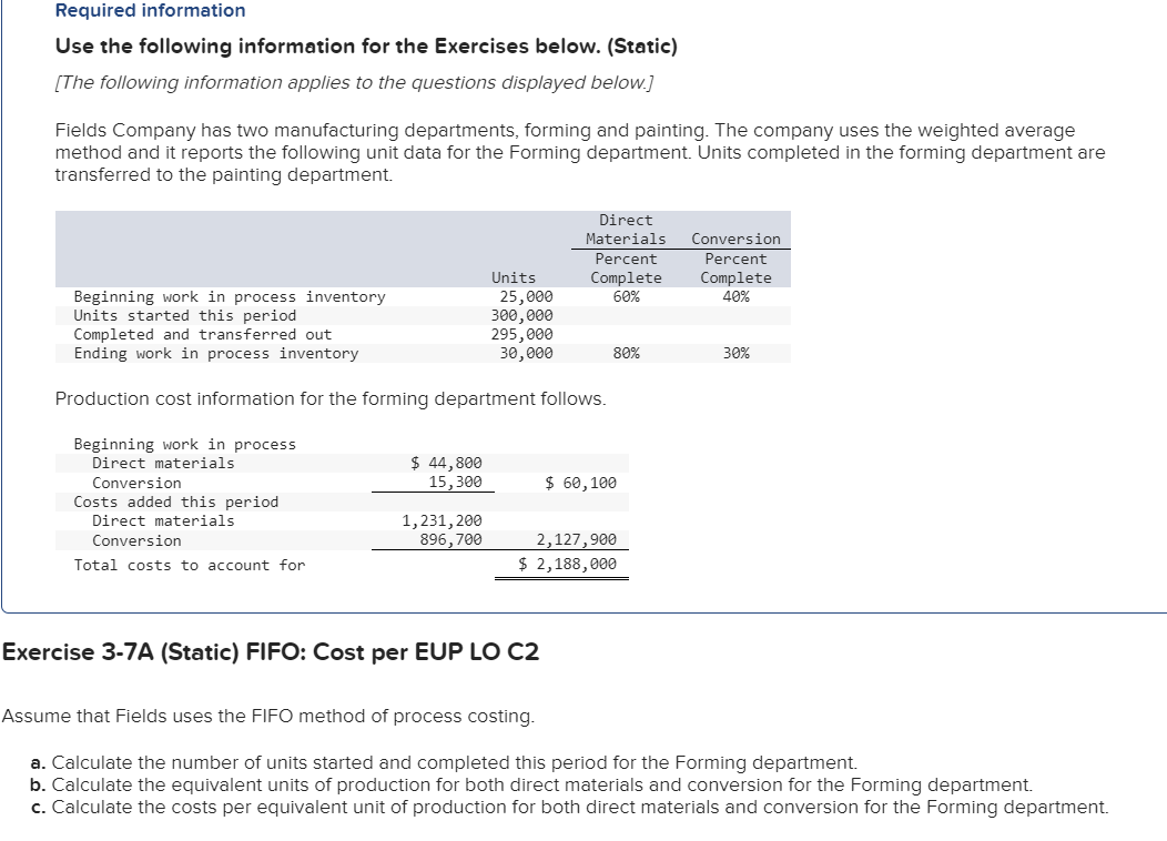 Solved Exercise 3-7A (Static) ﻿FIFO: Cost per EUP LO | Chegg.com