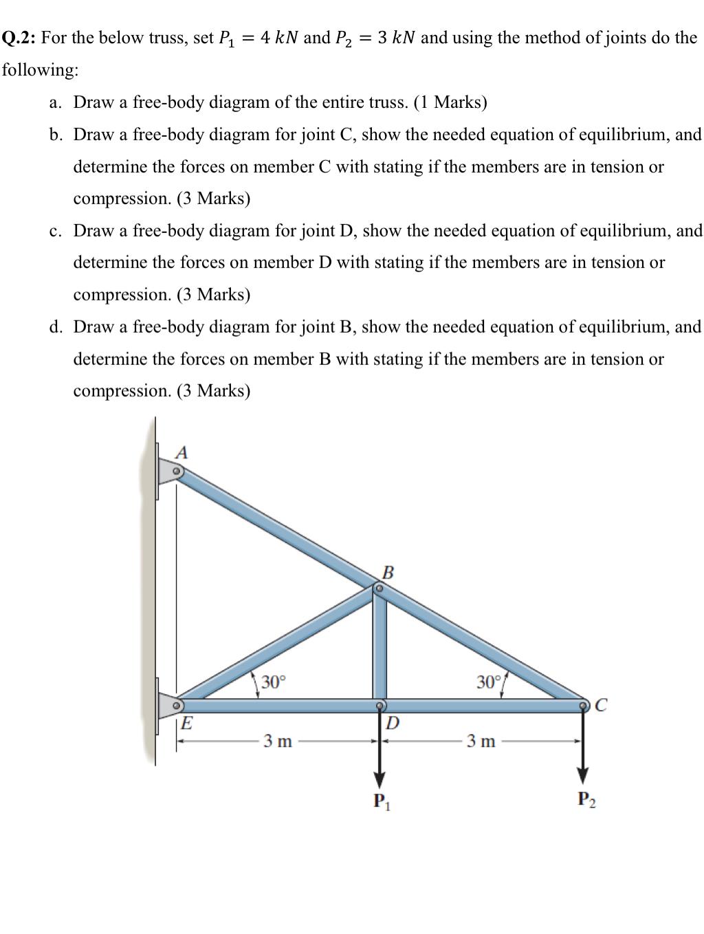 Solved Q.2: For the below truss, set P1 = 4 kN and P2 = 3 kN | Chegg.com