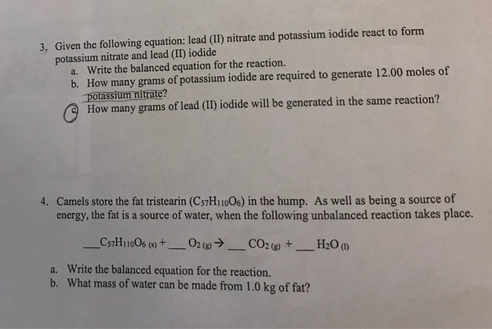 Solved 3, Given the following equation: lead (II) nitrate | Chegg.com