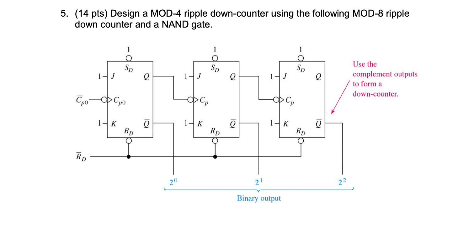 Solved 5. (14 pts) Design a MOD-4 ripple down-counter using | Chegg.com