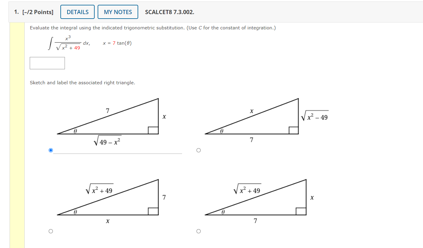 Solved [-/2 ﻿Points]SCALCET8 7.3.002.Evaluate the integral | Chegg.com