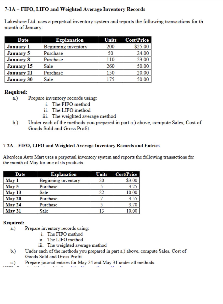 Solved 7-1A - FIFO, LIFO and Weighted Average Inventory | Chegg.com