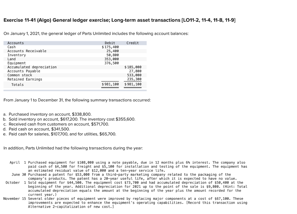 Solved Exercise 11-41 (Algo) General ledger exercise; | Chegg.com