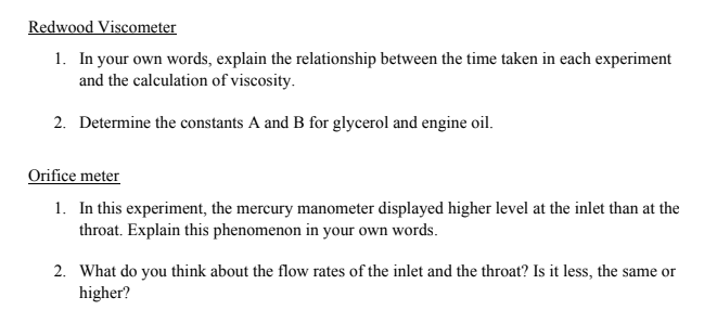 Solved Redwood Viscometer 1. In your own words, explain the | Chegg.com