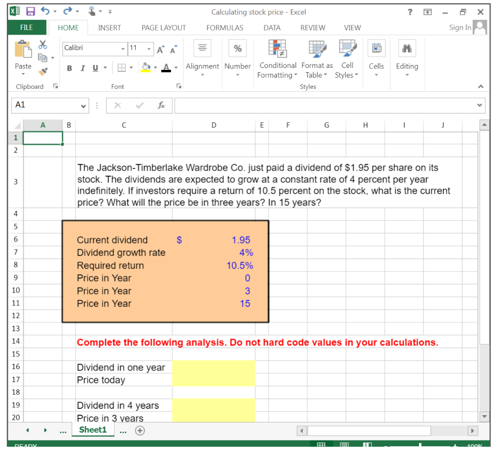 Solved x! Calculating stock price - Excel ? FILE HOME INSERT | Chegg.com