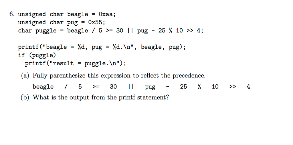 Solved 6. unsigned char beagle - 0xaa; unsigned char pug | Chegg.com