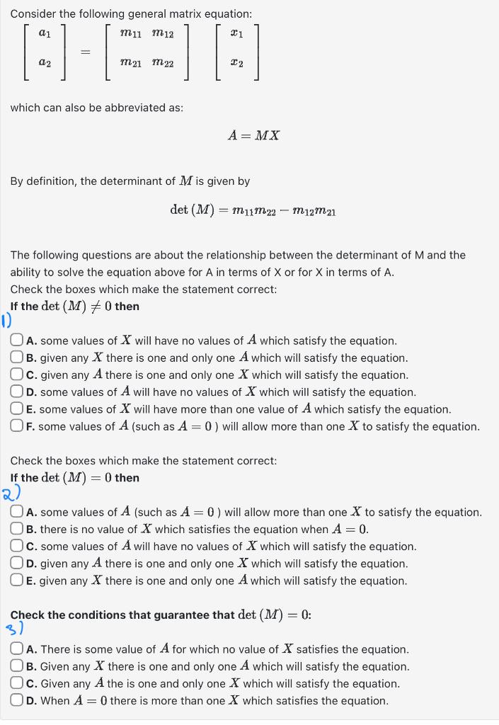 Solved Consider the following general matrix equation: | Chegg.com