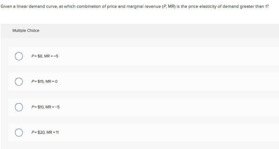 Solved Given a linear demand curve, at ﻿which combination of | Chegg.com