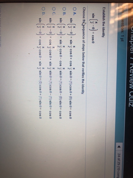 Solved estion: 1 pt 24 of 29 (19 comp Establish the identity | Chegg.com Solved estion: 1 pt 24 of 29 (19 comp Establish the identity | Chegg.com