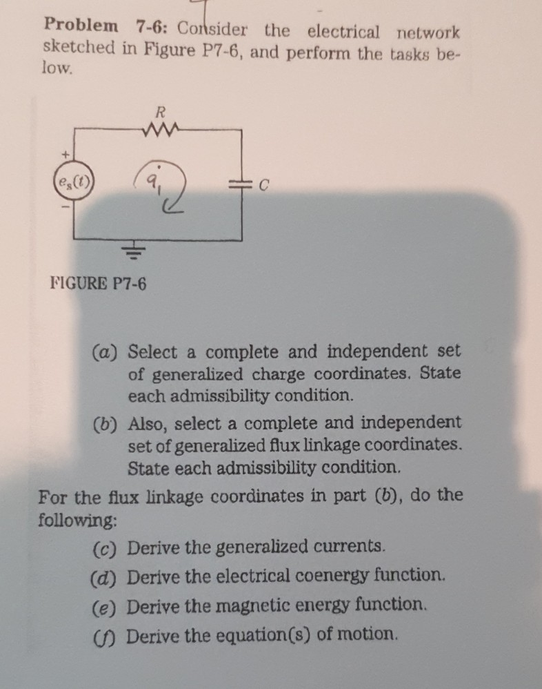 Solved Problem 7-6: Consider the electrical network sketched | Chegg.com