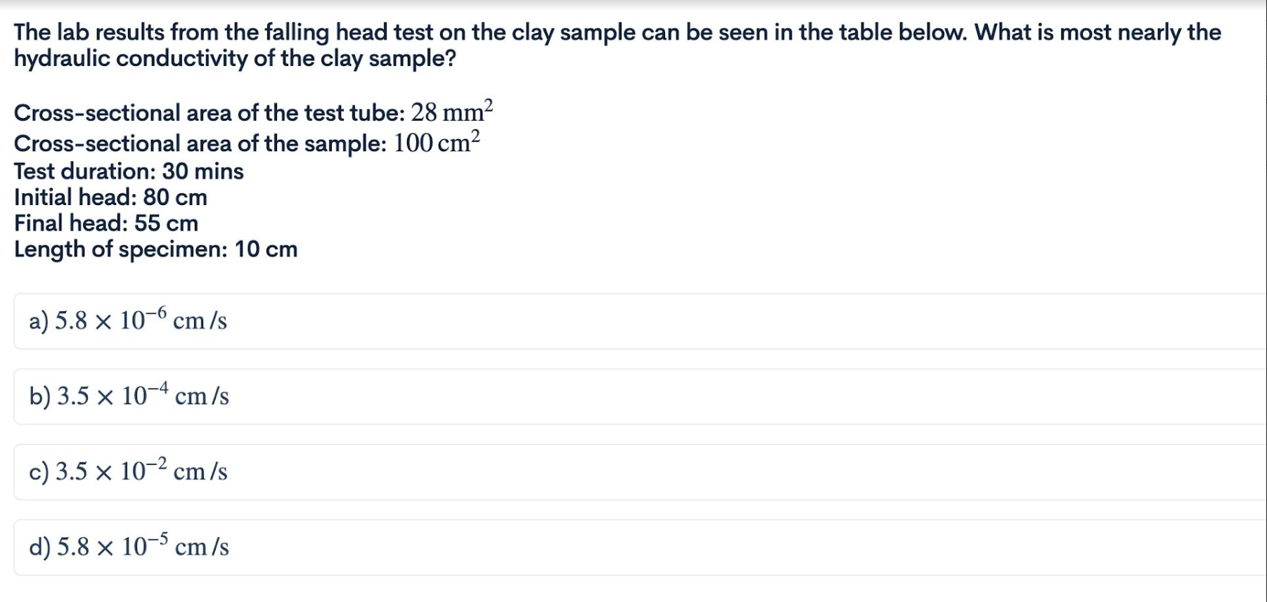 Solved The lab results from the falling head test on the | Chegg.com