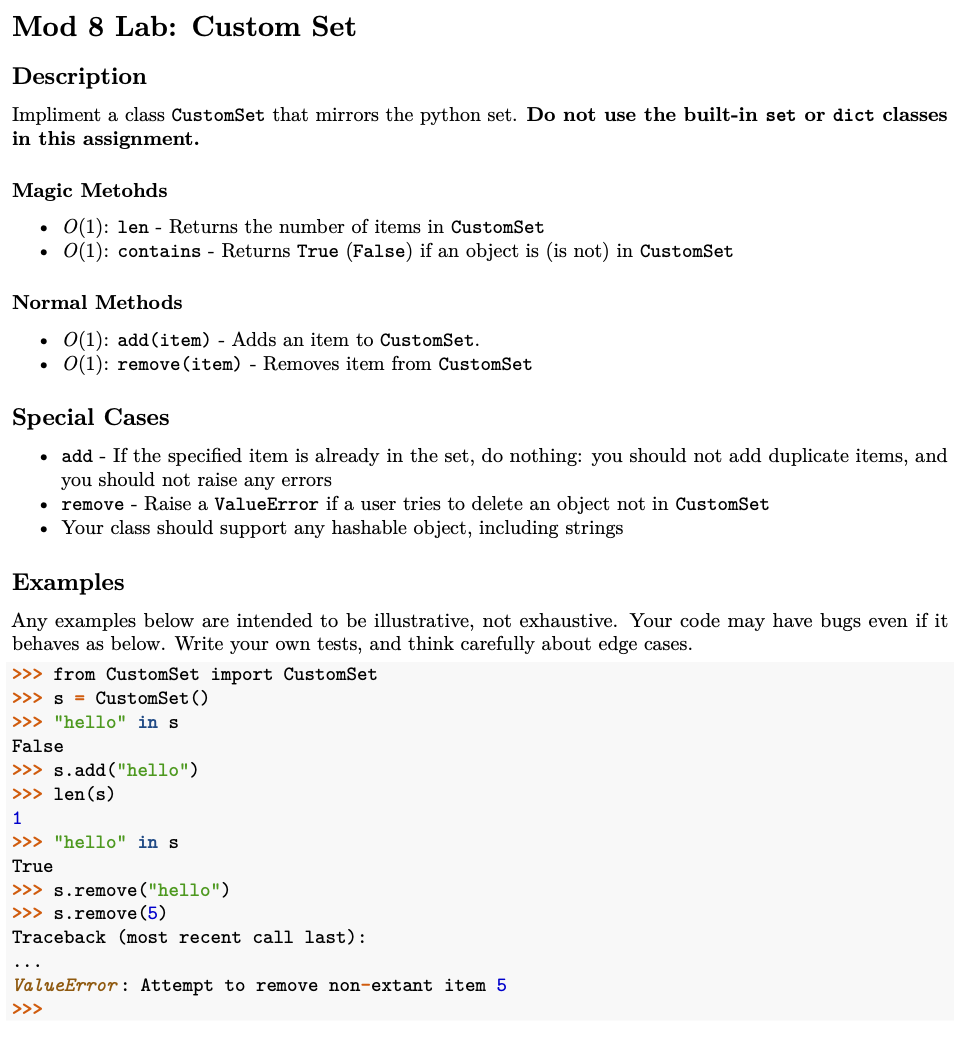 Solved Mod 8 Lab: Custom Set Description Impliment a class | Chegg.com