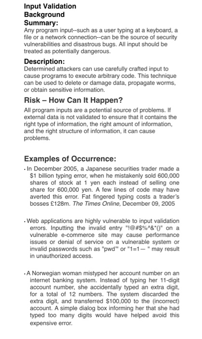 Solved Input Validation Background Summary Any program | Chegg.com