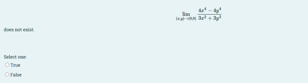 Solved lim(x,y)→(0,0)3x2+3y24x4−4y4 does not exist. Select | Chegg.com