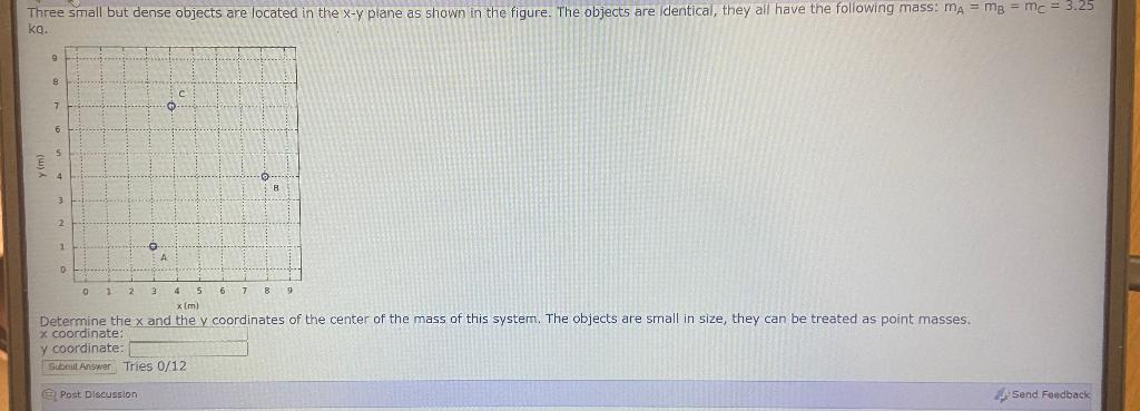 Solved Three small but dense objects are located in the x-y | Chegg.com