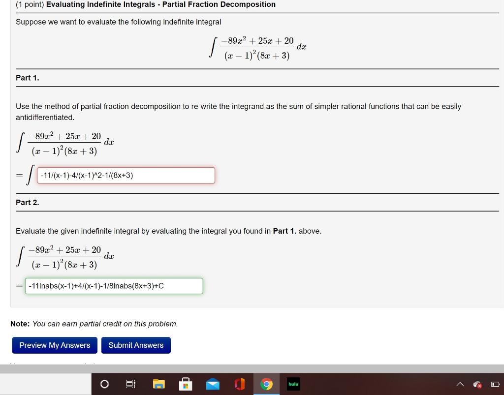 Solved 1 Point Evaluating Indefinite Integrals Partial