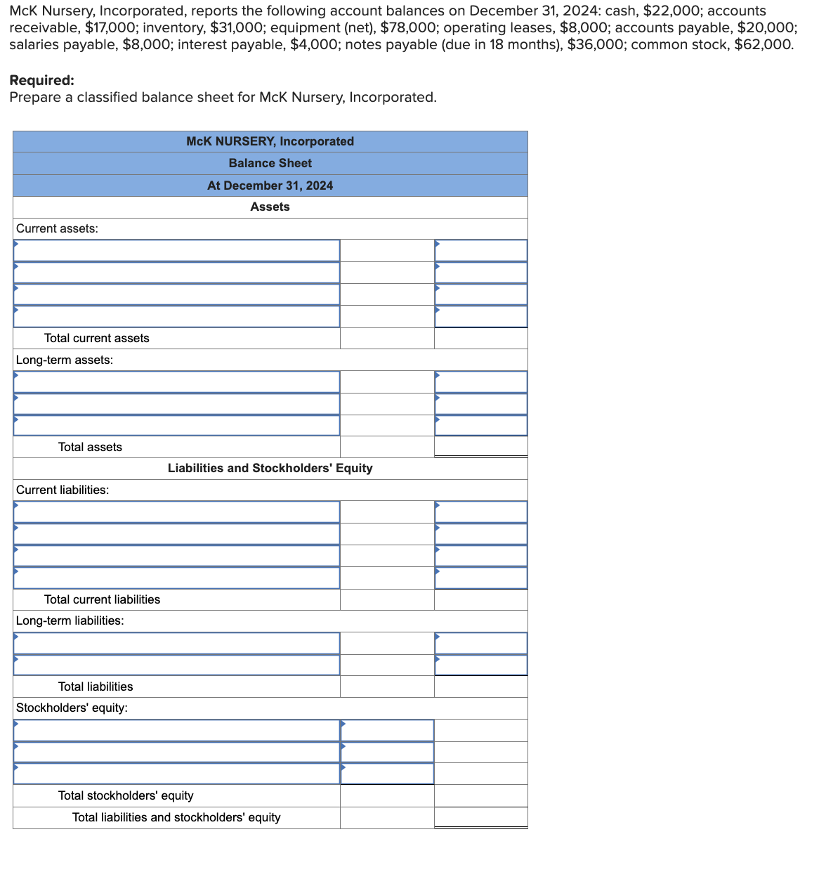 Solved McK Nursery, Incorporated, reports the following | Chegg.com