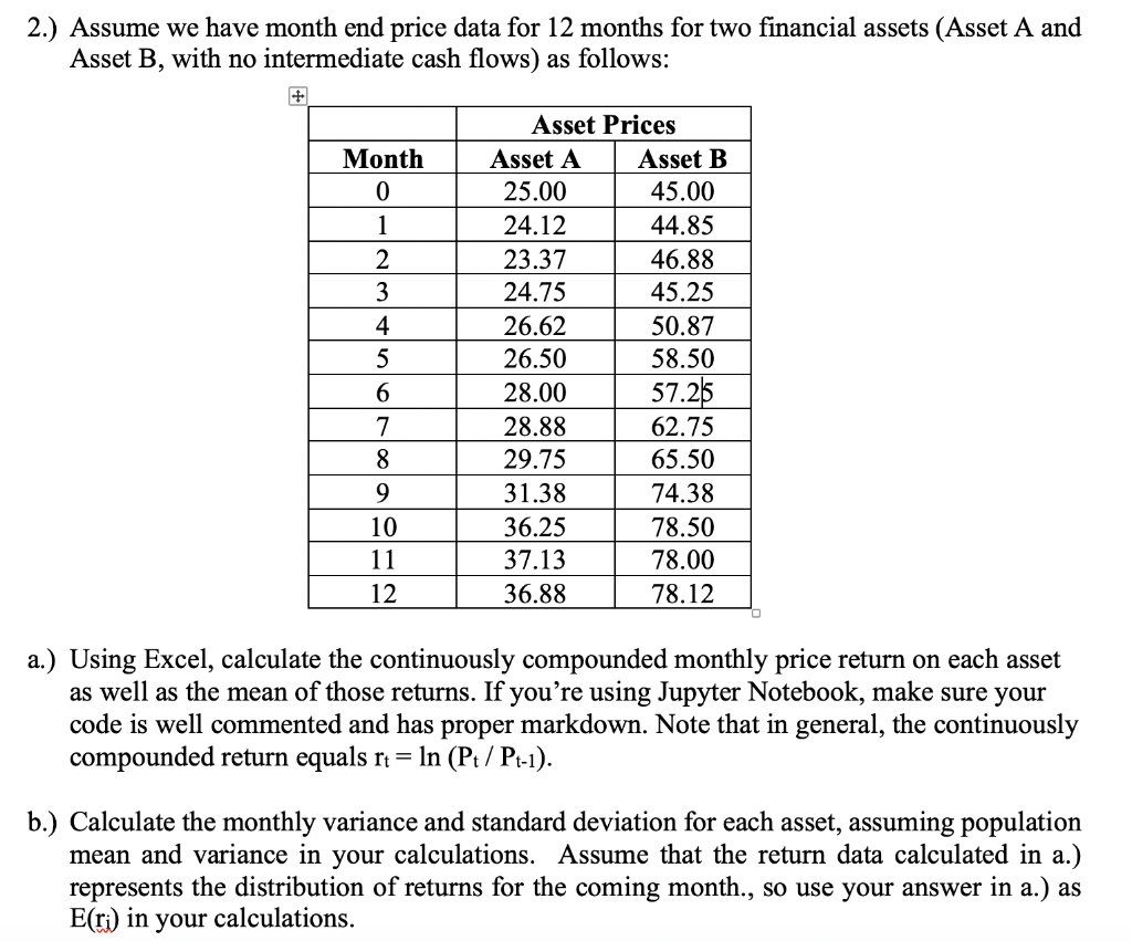 Solved 2.) Assume we have month end price data for 12 months | Chegg.com