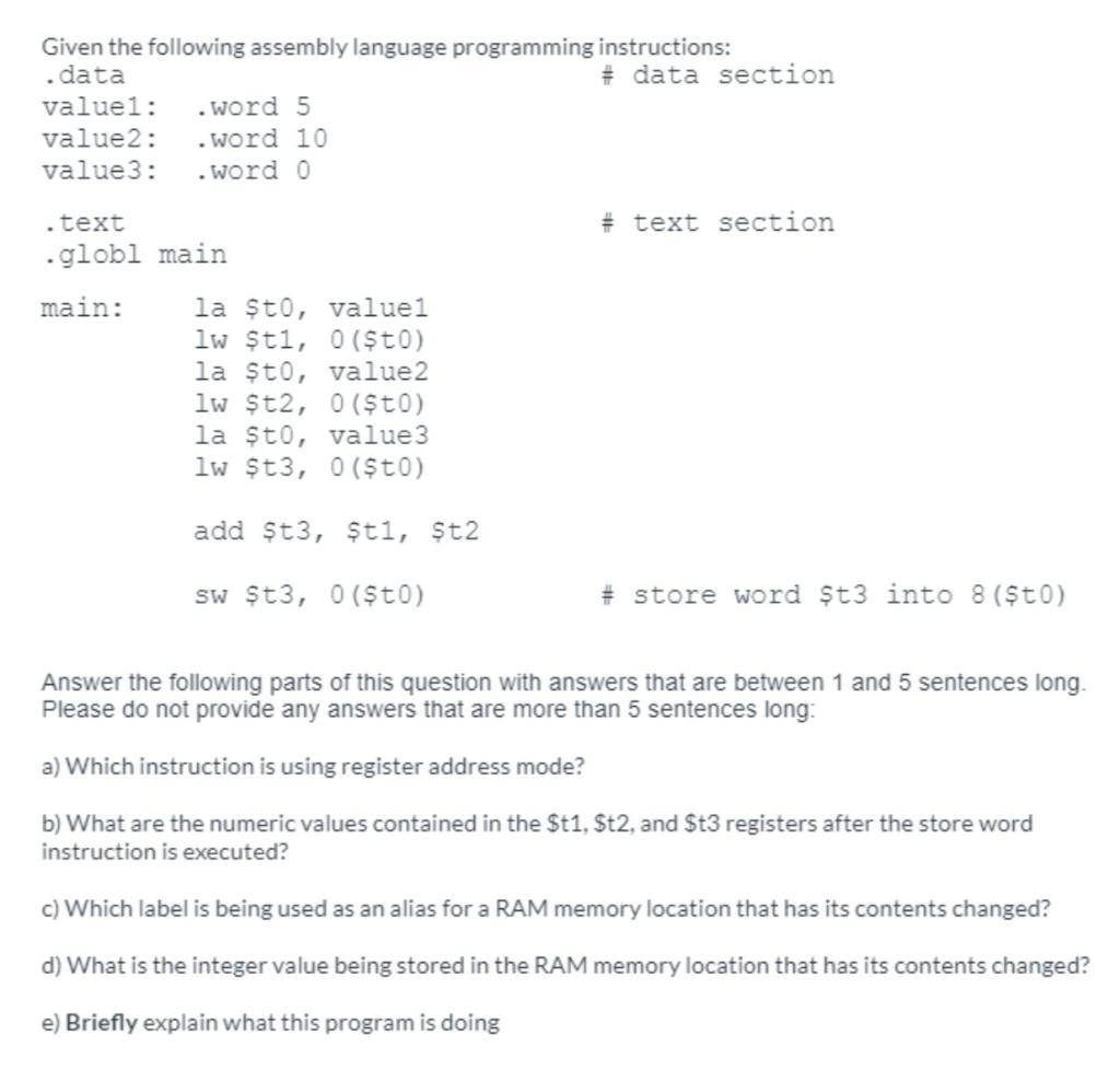 Solved Given the following assembly language programming | Chegg.com
