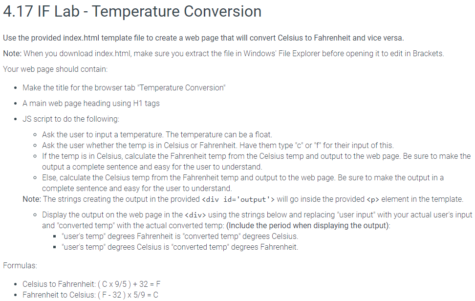 Solved 4.17 IF Lab - Temperature Conversion Use the provided | Chegg.com