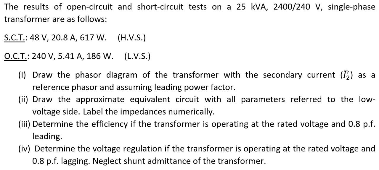 Solved The results of open-circuit and short-circuit tests | Chegg.com