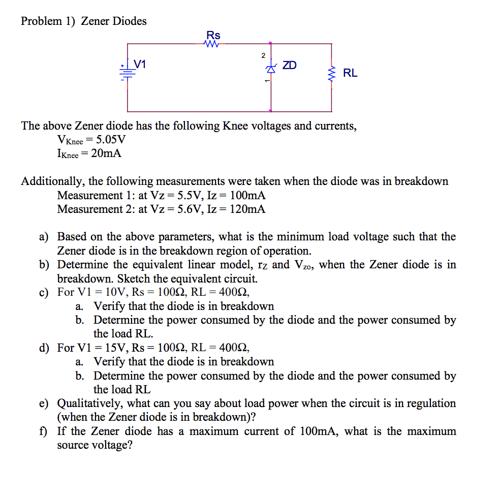 Solved Problem 1) Zener Diodes Rs W ☆ ZD RL The above Zener | Chegg.com