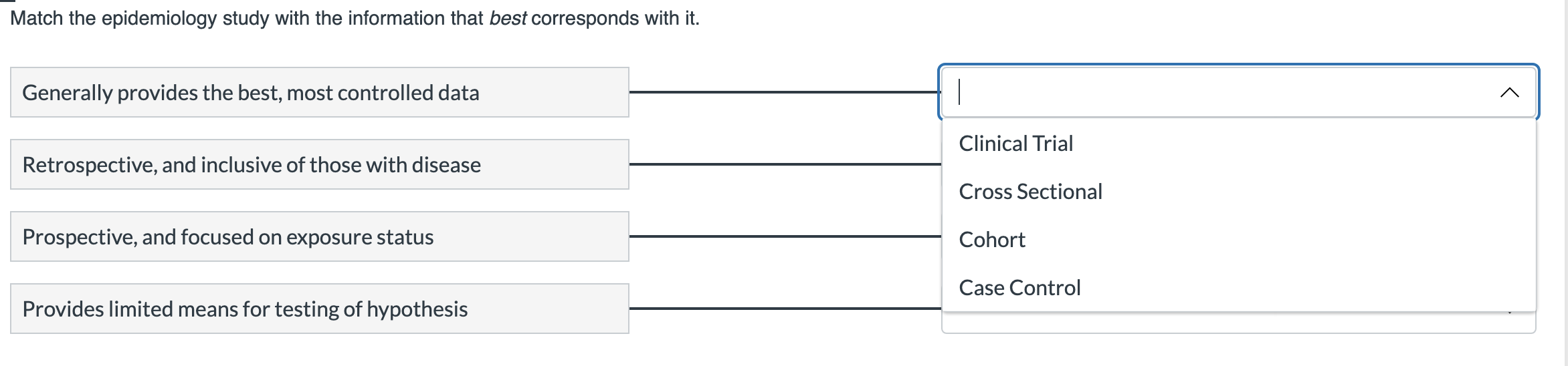 Solved Match the epidemiology study with the information | Chegg.com