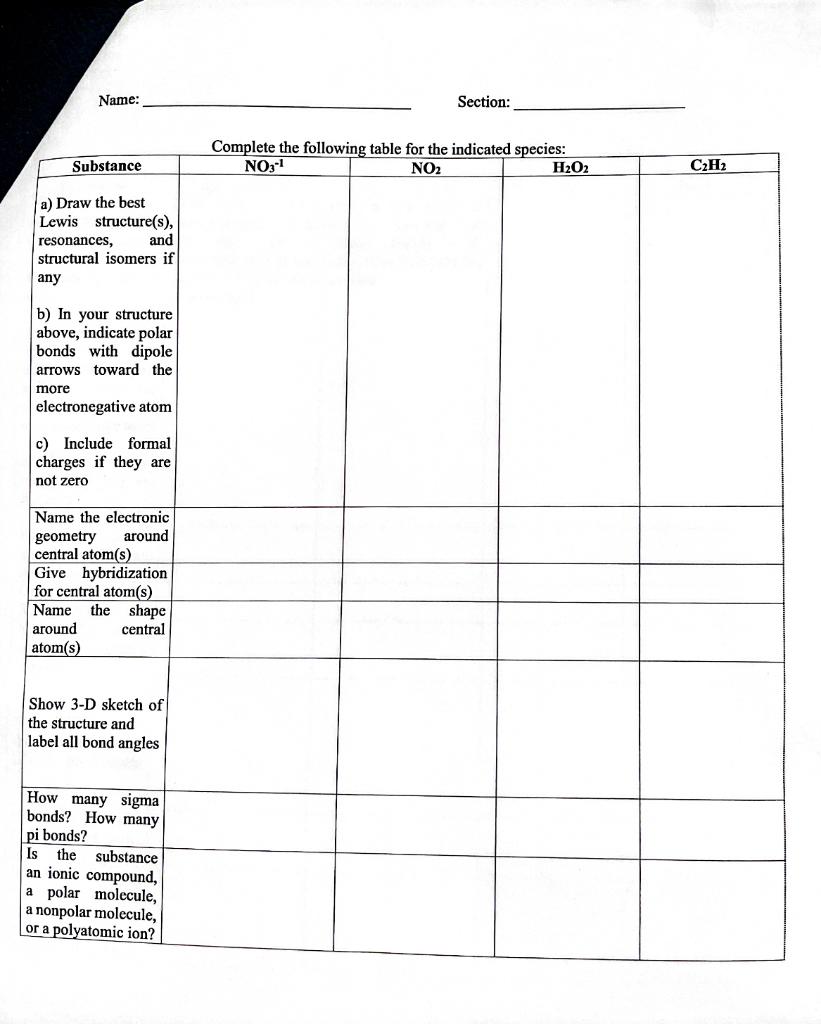 Solved Name: Section: Complete the following table for the | Chegg.com