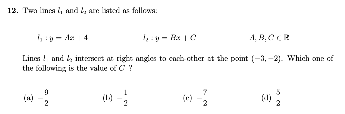 Solved 12. Two lines l1 and l2 are listed as follows: | Chegg.com