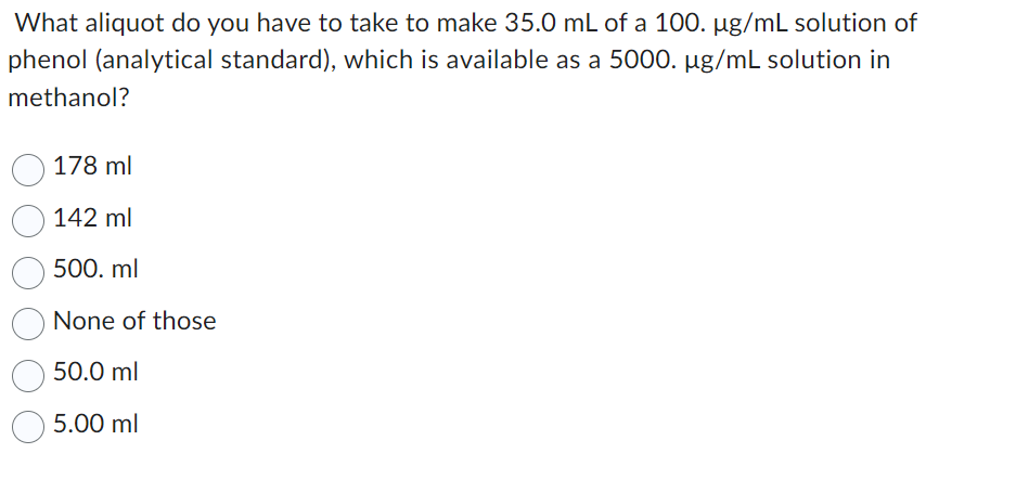 Solved What aliquot do you have to take to make 35.0 mL of a | Chegg.com