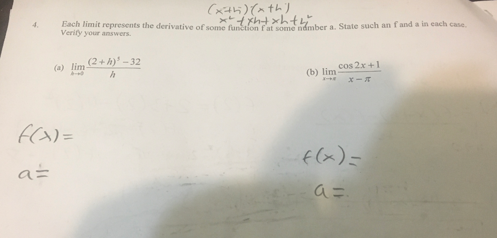 Solved Each limit represents the derivative of some fn f at | Chegg.com