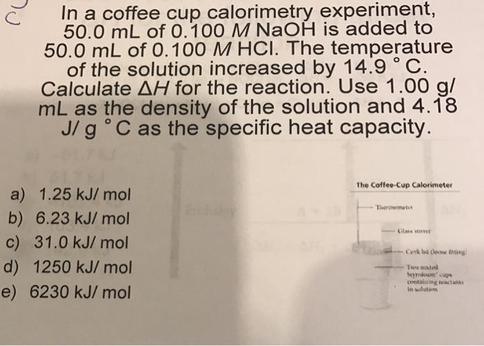 Solved In a coffee cup calorimetry experiment, 50.0 mL of | Chegg.com