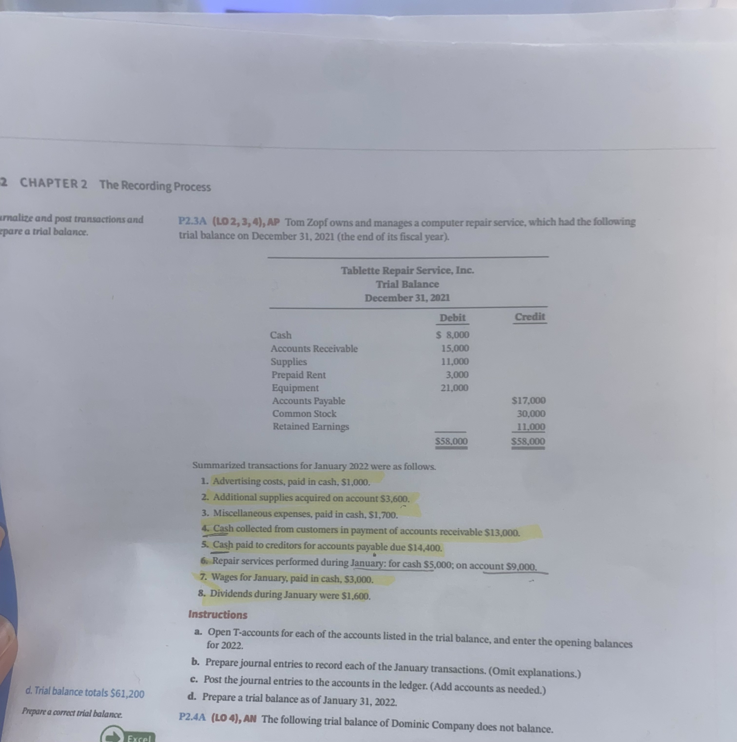 Solved What is the ending cash balance for Tablette Repair | Chegg.com