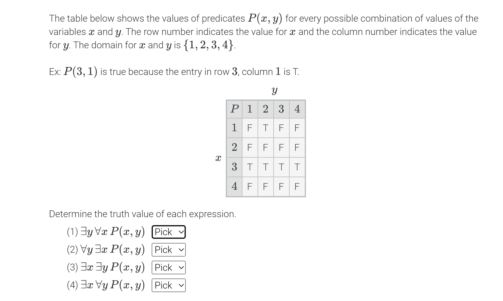 Solved The table below shows the values of predicates P(x,y) | Chegg.com