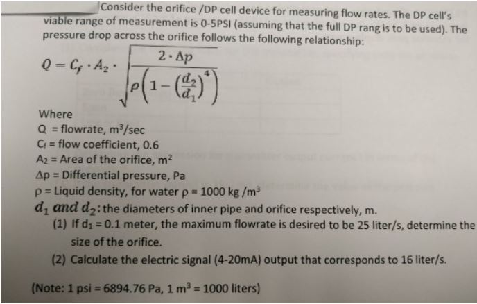 Solved Consider the orifice /DP cell device for measuring | Chegg.com