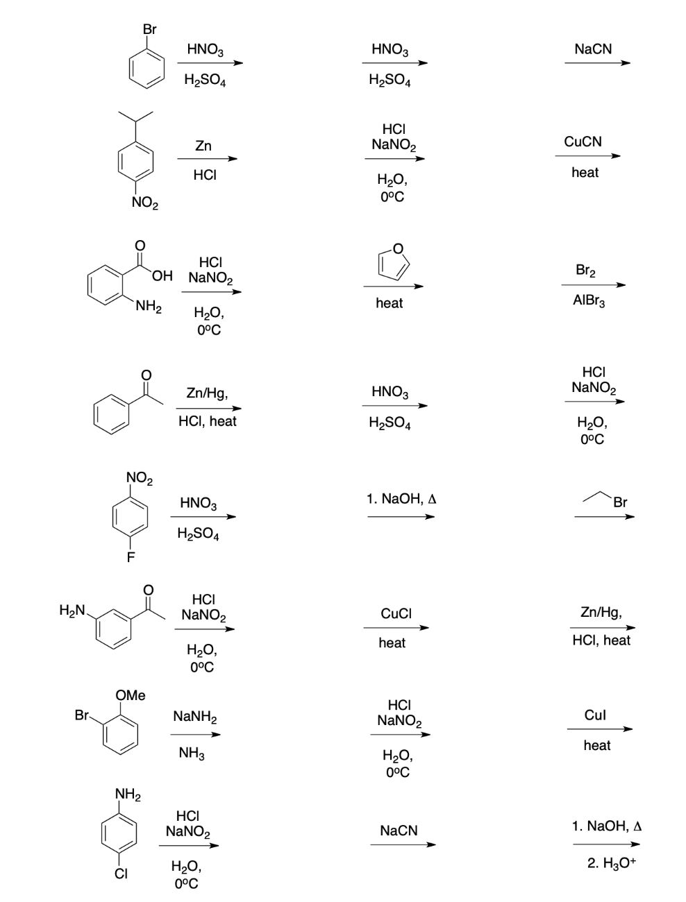 Solved Br HNO3 HNO3 NaCN H2SO4 H2SO4 HCI NaNO2 Zn CuCN HCI | Chegg.com