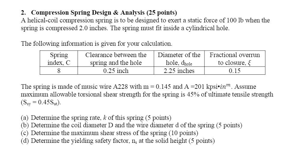Solved 2. Compression Spring Design & Analysis (25 points) A | Chegg.com