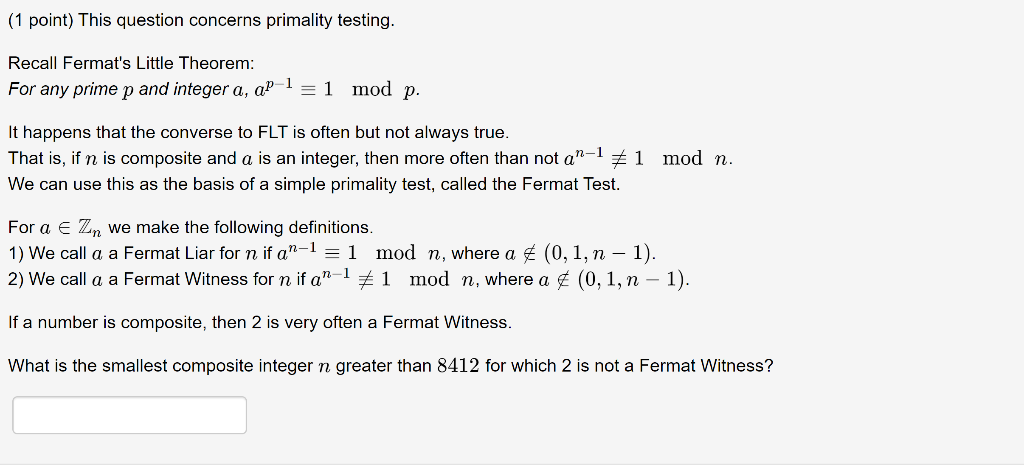 Solved (1 point) This question concerns primality testing. | Chegg.com