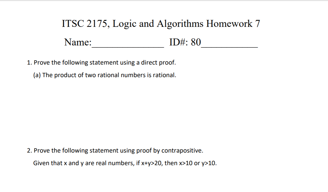 Solved ITSC 2175, Logic and Algorithms Homework 7 Name ID#: | Chegg.com