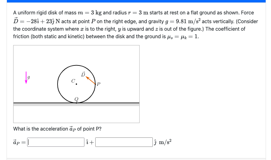 Solved A uniform rigid disk of mass m=3 kg and radius r=3 m | Chegg.com